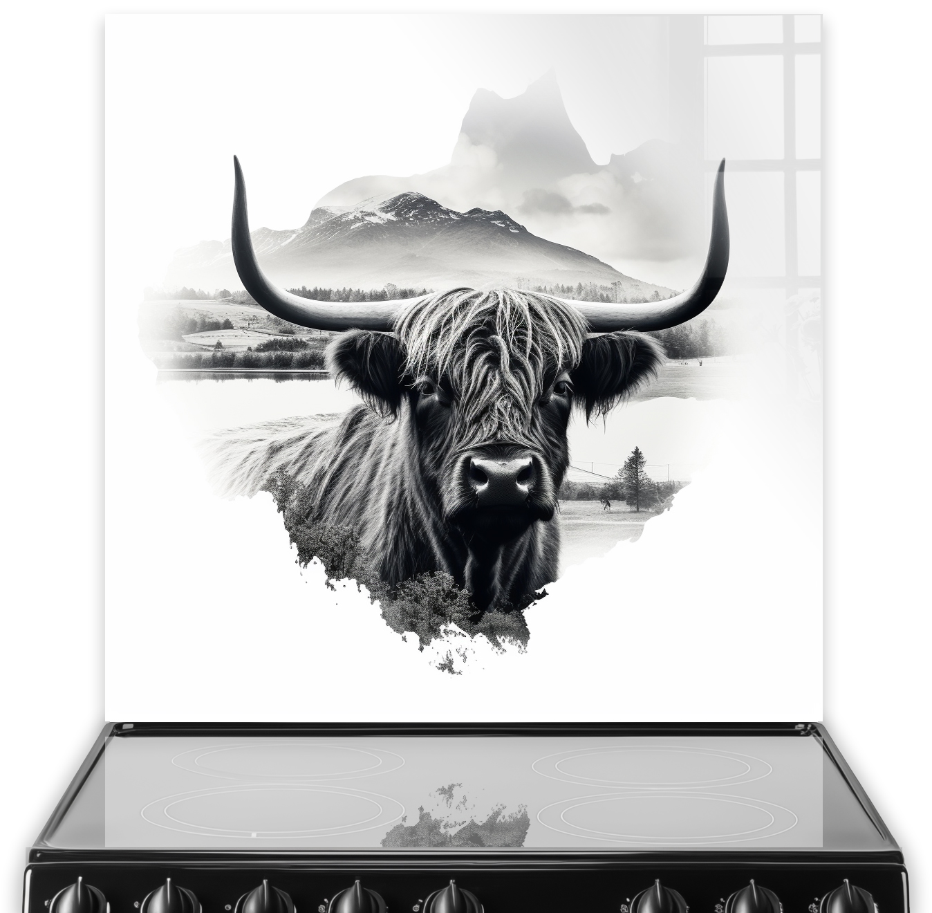 Highland Cow Black and White Printed Splashback | VividSplashbacks